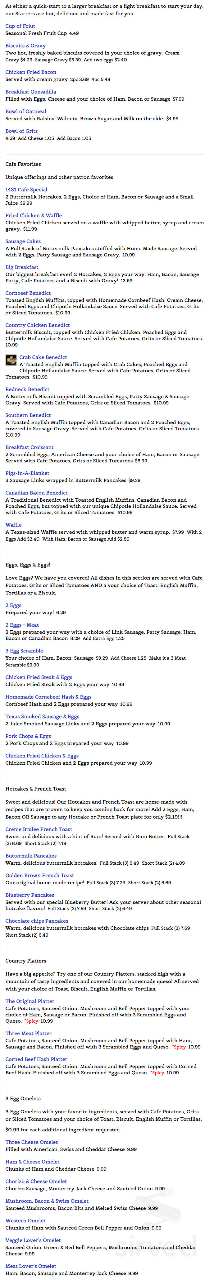 1431 Cafe menus in Cedar Park, Texas, United States