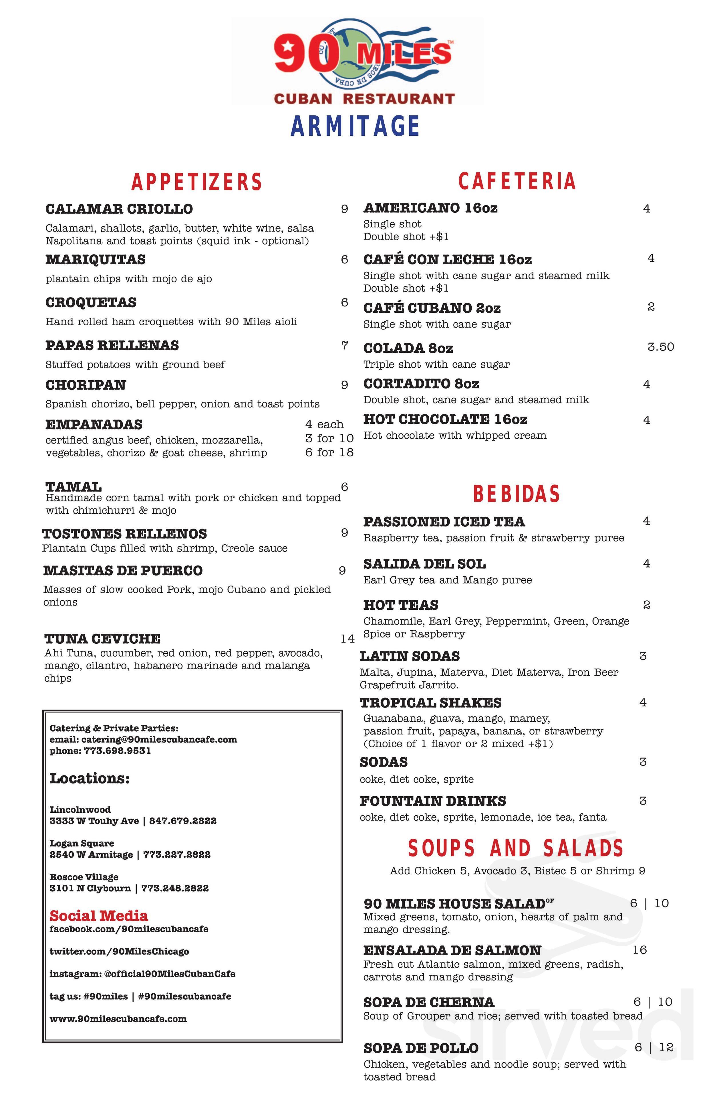 90 Miles Cuban Cafe menu in Chicago, Illinois, USA