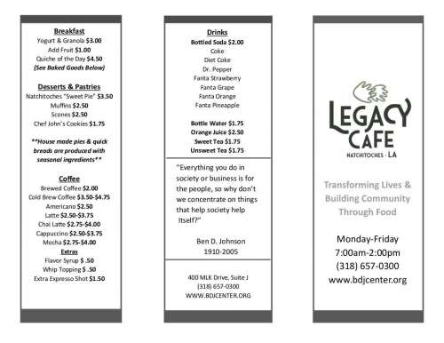 Legacy Cafe menu in Natchitoches, Louisiana, USA