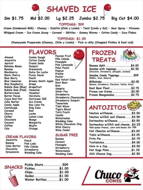 Chuco Cones menu in Canutillo, Texas, USA