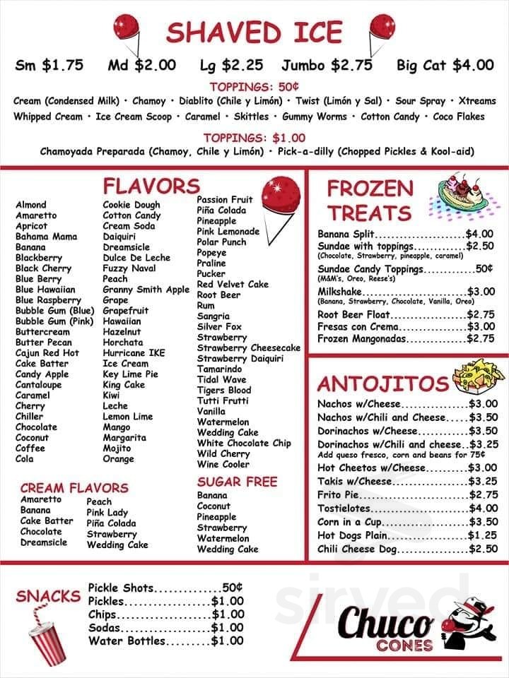 Chuco Cones menu in Canutillo, Texas, USA