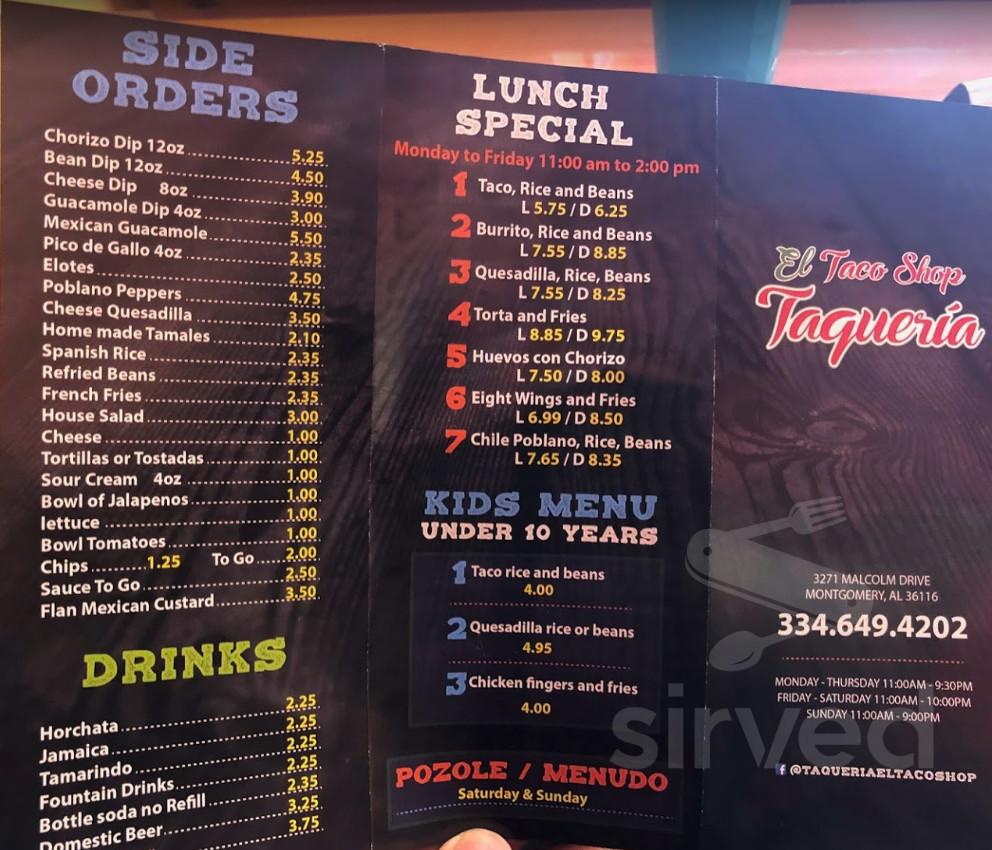 El Taco Shop menus in Montgomery, Alabama, United States