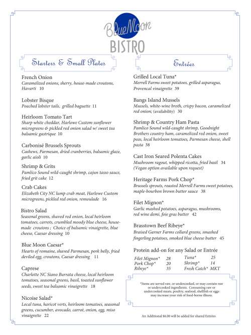 Blue Moon Bistro menu in Beaufort, North Carolina, USA
