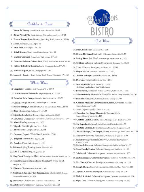 Blue Moon Bistro menu in Beaufort, North Carolina, USA