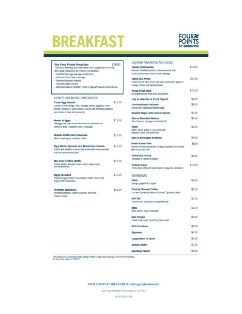 Fourpoint Sheraton menu in Mississauga, Ontario, Canada