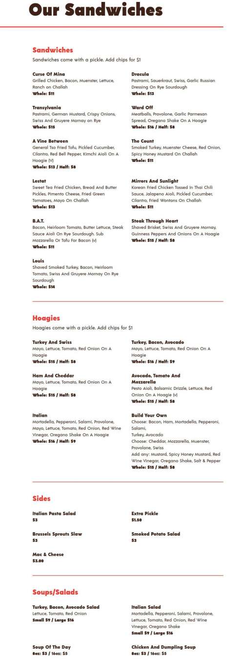 Dracula Sandwich menu in Tulsa, Oklahoma, USA