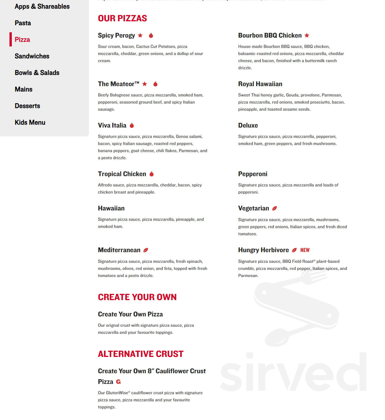 Boston Pizza menu in Des Moines, Washington, USA