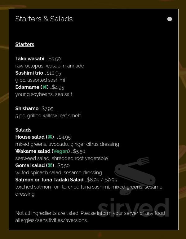 Menu - Kingston ON's Saka Izakaya | Sirved