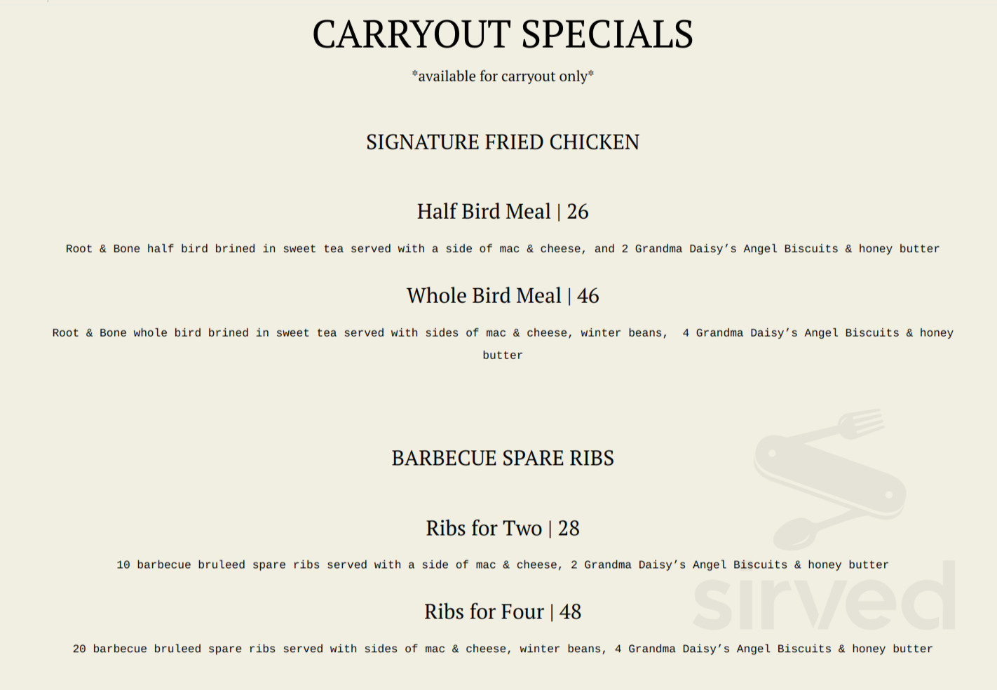 Root & Bone - Indianapolis menu in Indianapolis, Indiana, USA