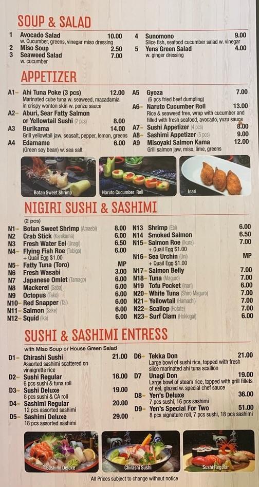 Menu for Yen's Kitchen & Sushi Bar in Ashburn, VA | Sirved