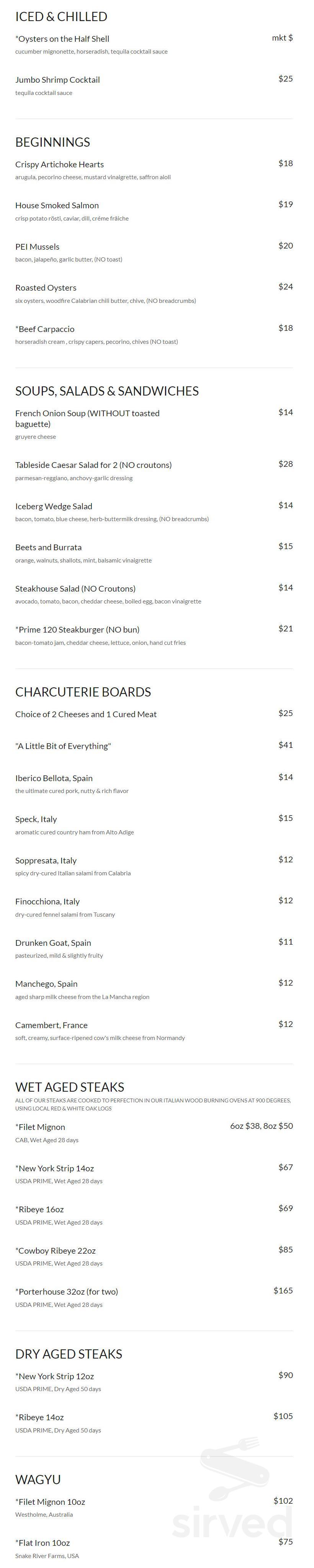 Prime 120 menu in Woodstock, Georgia, USA