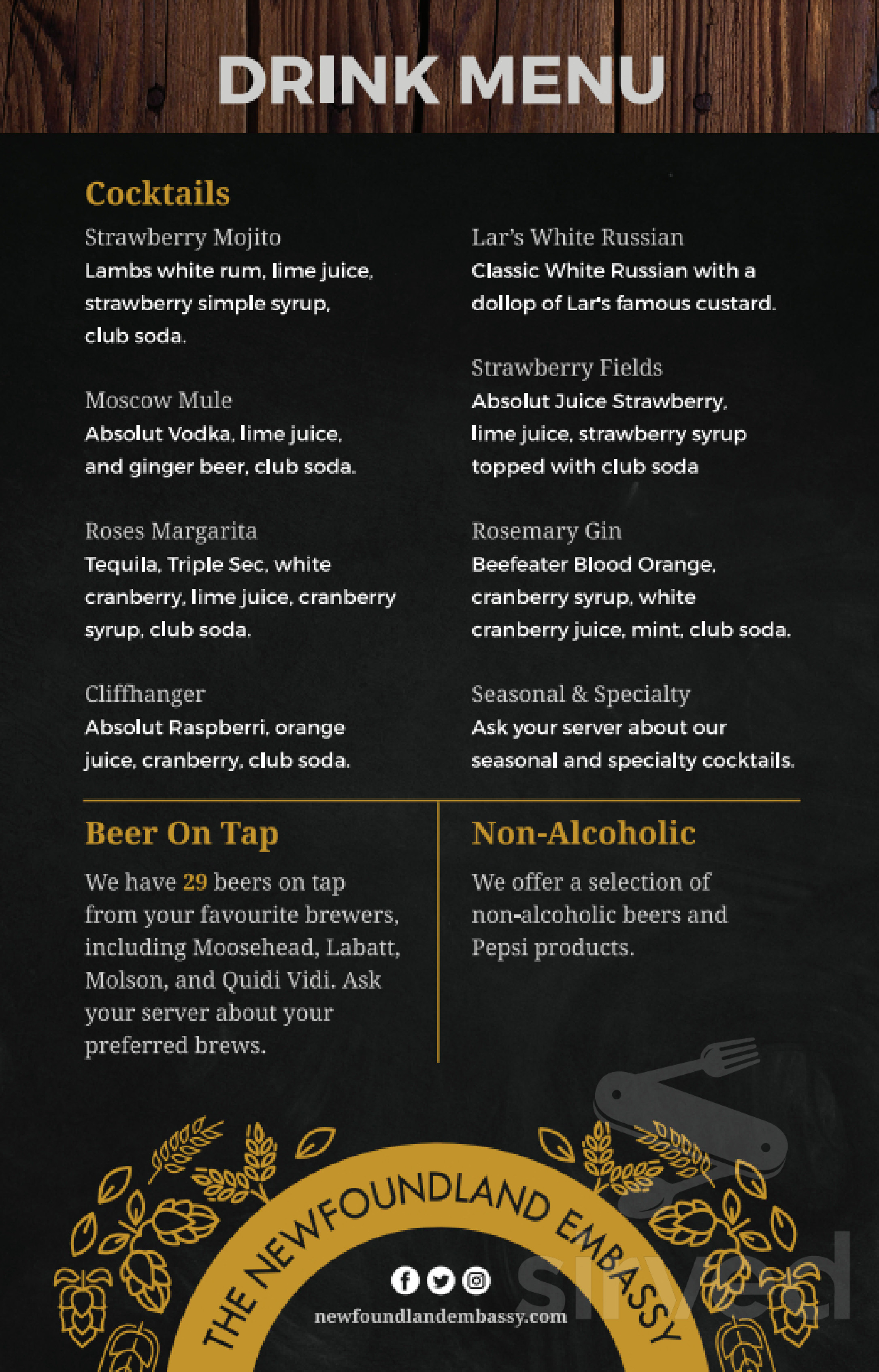 The Newfoundland Embassy Pub and Eatery menu in St. John's ...