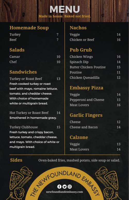 The Newfoundland Embassy Pub and Eatery menu in St. John's ...