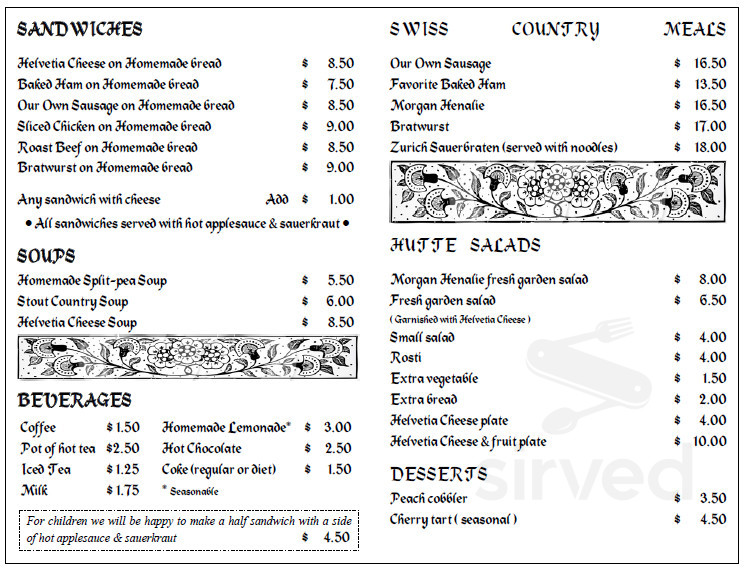 Menu for The Hütte Restaurant in Helvetia, WV | Sirved