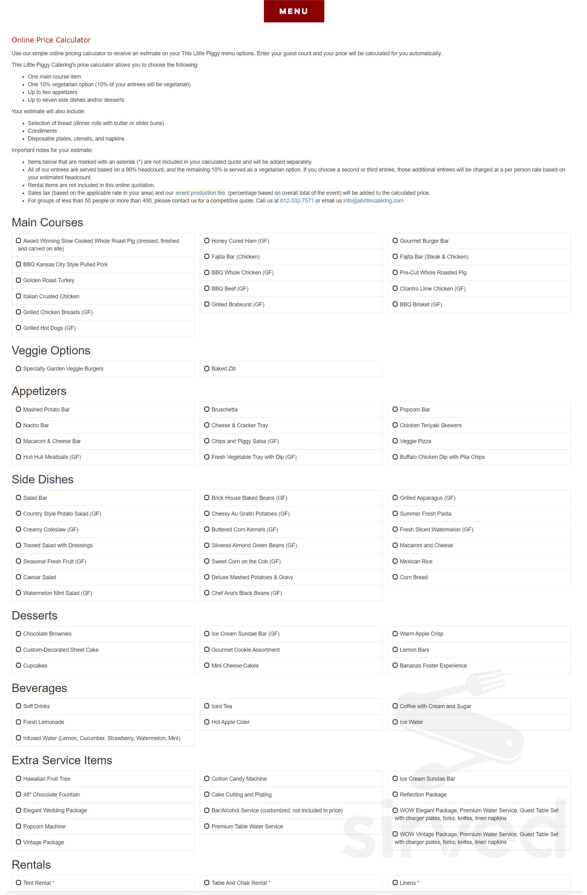 This Little Piggy Catering menu in Farmington, Minnesota, USA