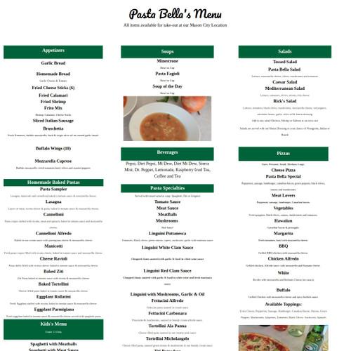 Pasta Bella menu in Mason City, Iowa, USA