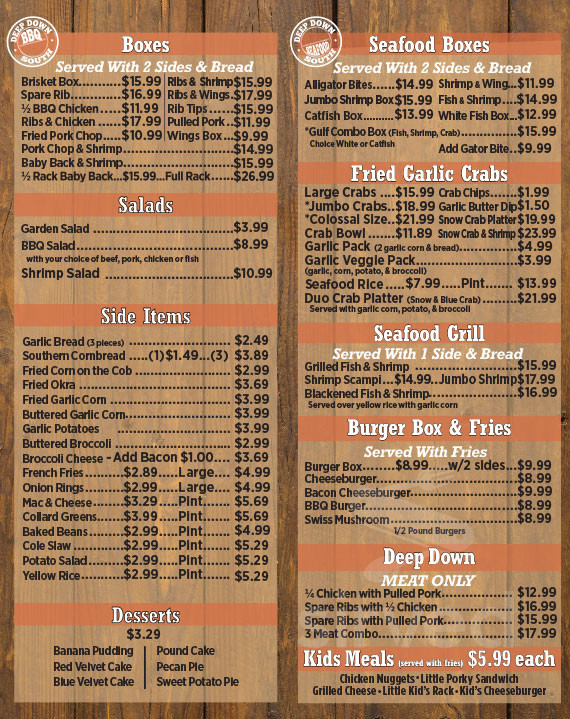 Deep Down South BBQ menu in Fort Myers, Florida, USA