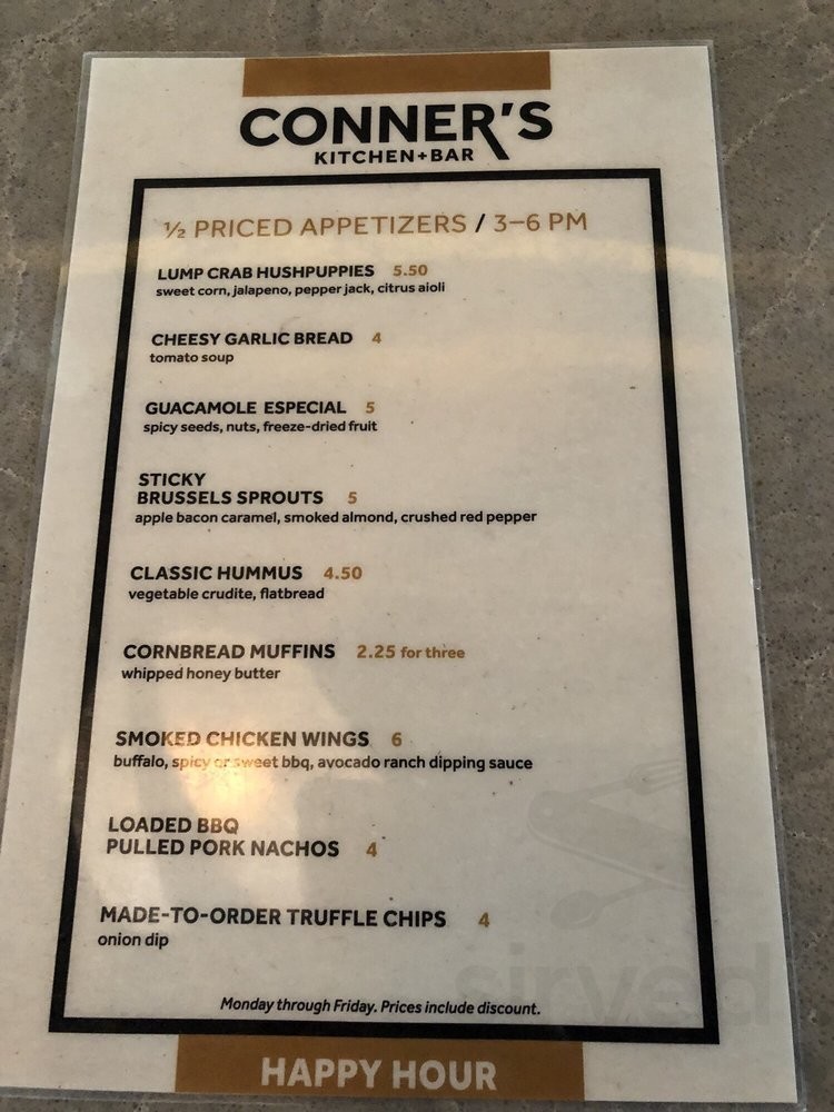 Conner's Kitchen + Bar menu in Indianapolis, Indiana, USA
