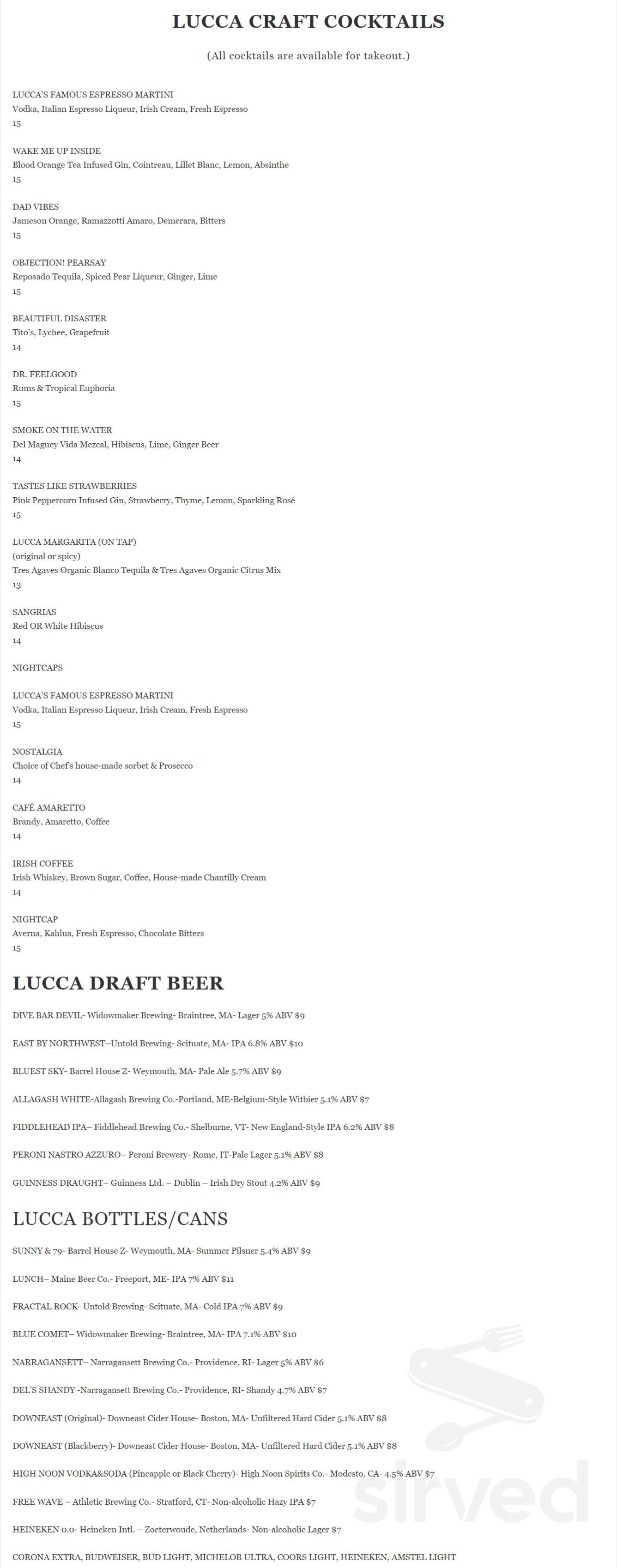 Menu for Lucca - Rockland in Rockland, MA | Sirved