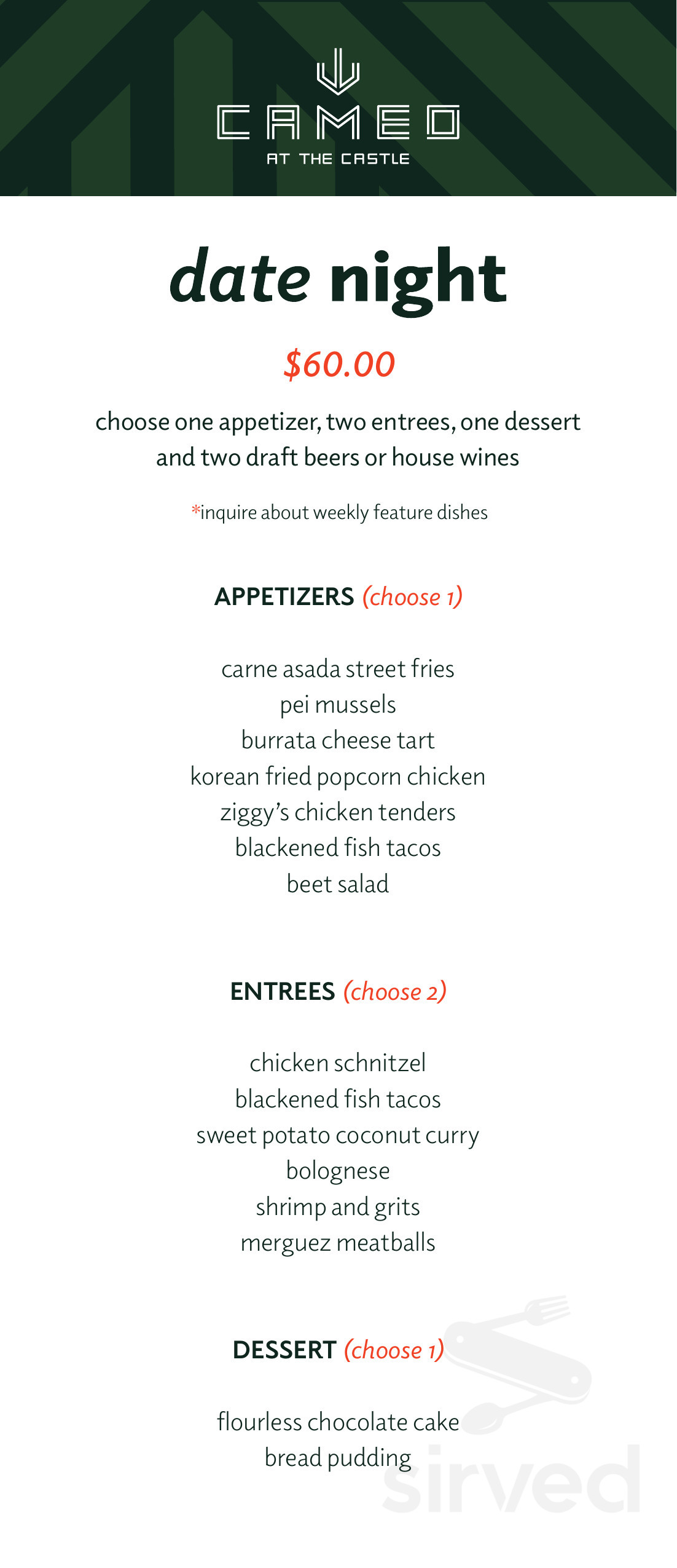 Cameo menu in Rochester, Minnesota, USA