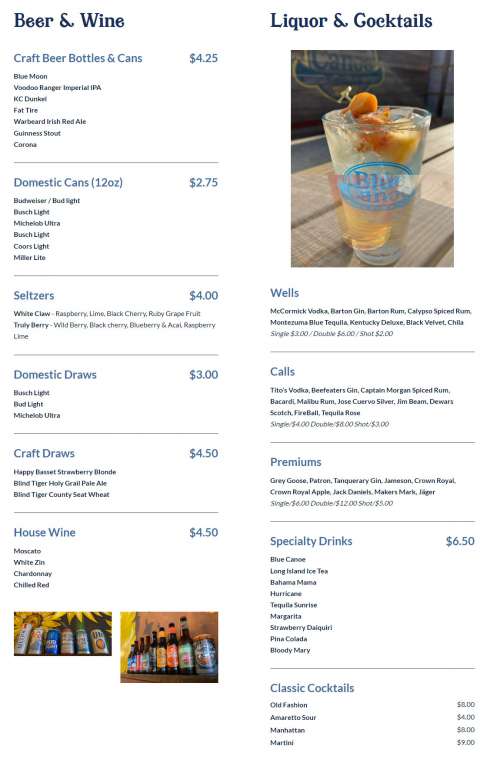 Blue Canoe menu in Melvern, Kansas, USA