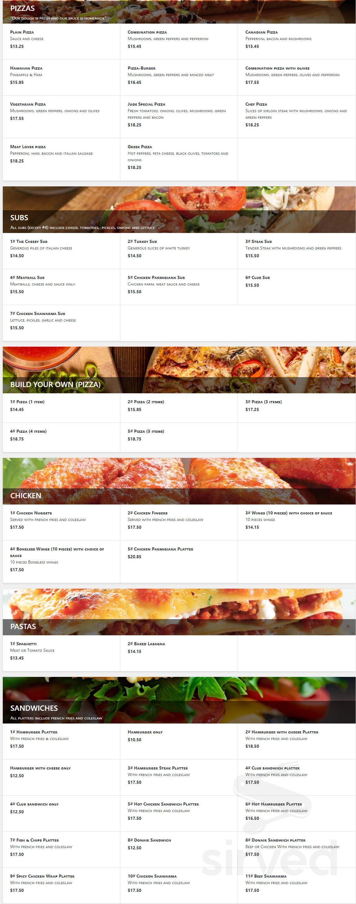 Jude's Pizza menu in Vars, Ontario, Canada
