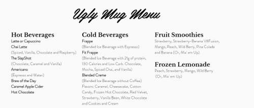 The Ugly Mug menu in Big Stone Gap, Virginia, USA