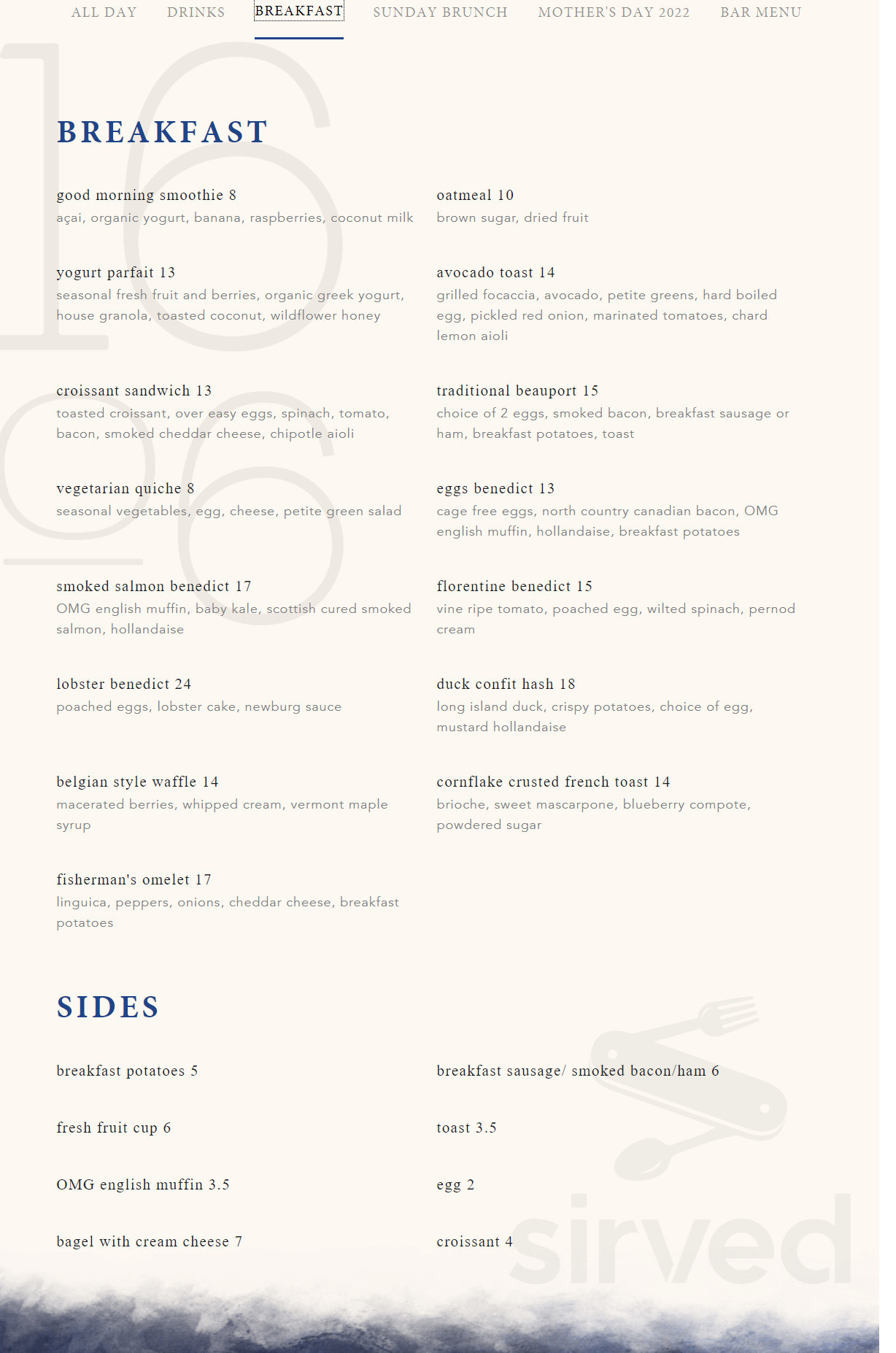 Menu for 1606 Restaurant & Oyster Bar in Gloucester, MA | Sirved