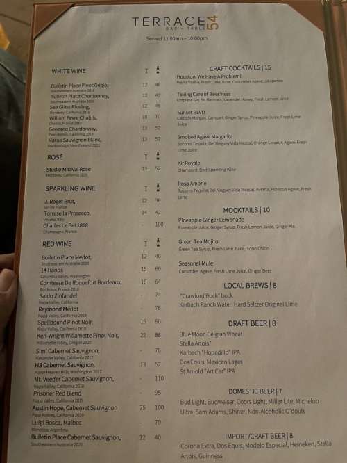 Terrace 54 menu in Houston, Texas, USA