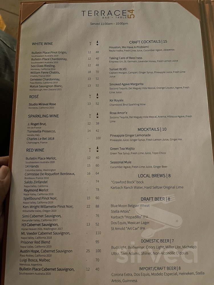Terrace 54 menu in Houston, Texas, USA