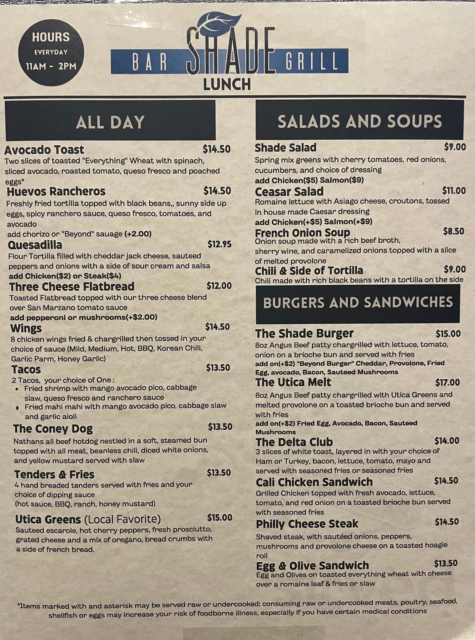 Shade Bar & Grill menu in Utica, New York, USA