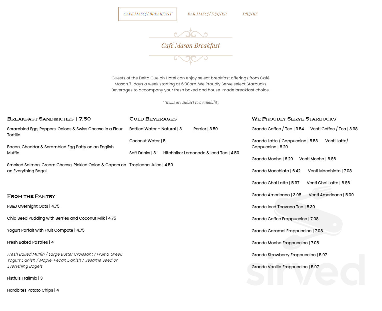 Bar Mason menu in Guelph, Ontario, Canada