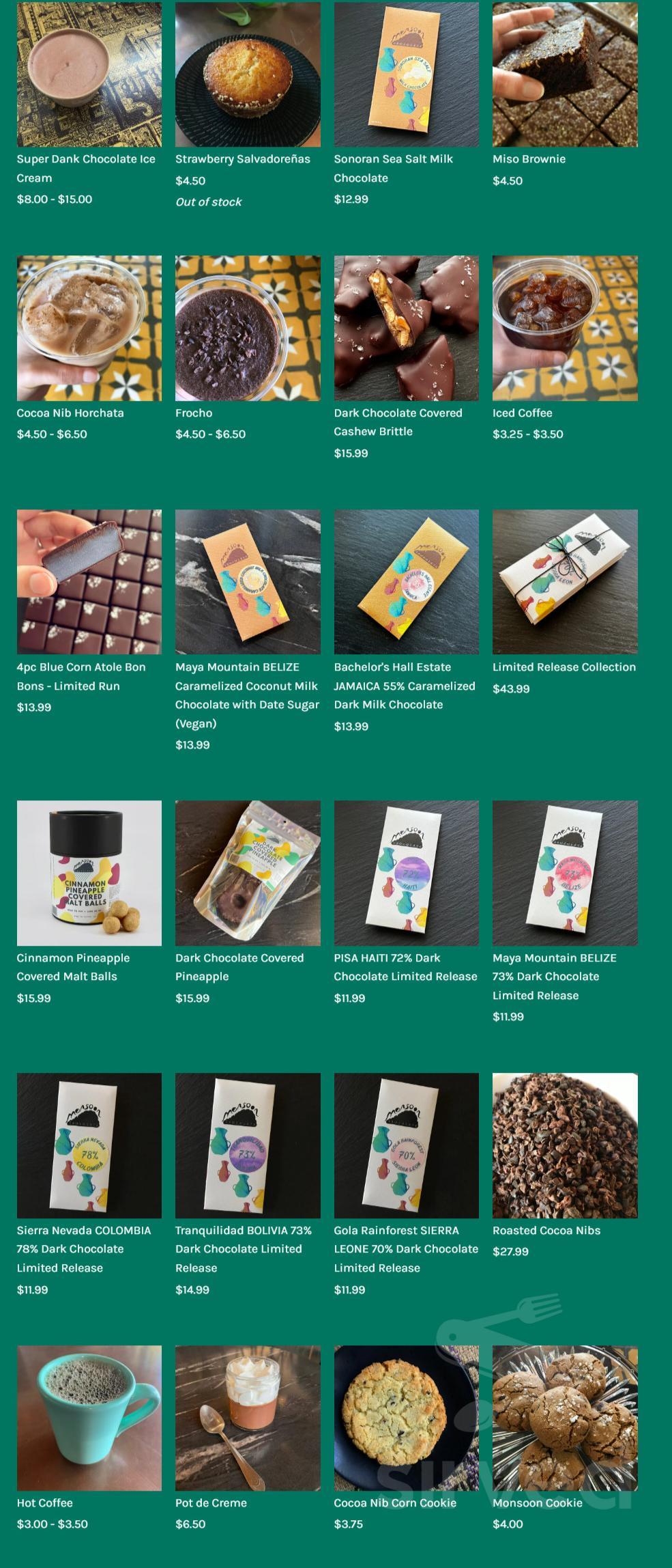 Monsoon Chocolate menu in Tucson, Arizona, USA
