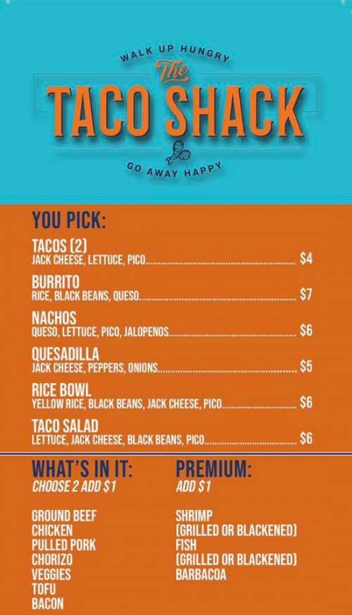 The Taco Shack menu in North Myrtle Beach, South Carolina, USA