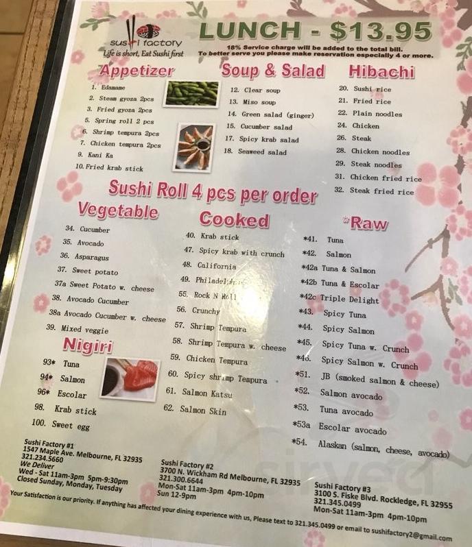 Sushi Factory menu in Rockledge, Florida, USA