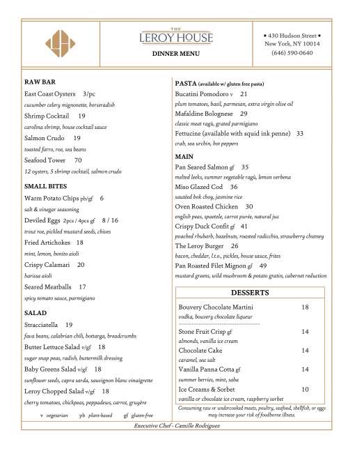 The Leroy House menu in New York, New York, USA