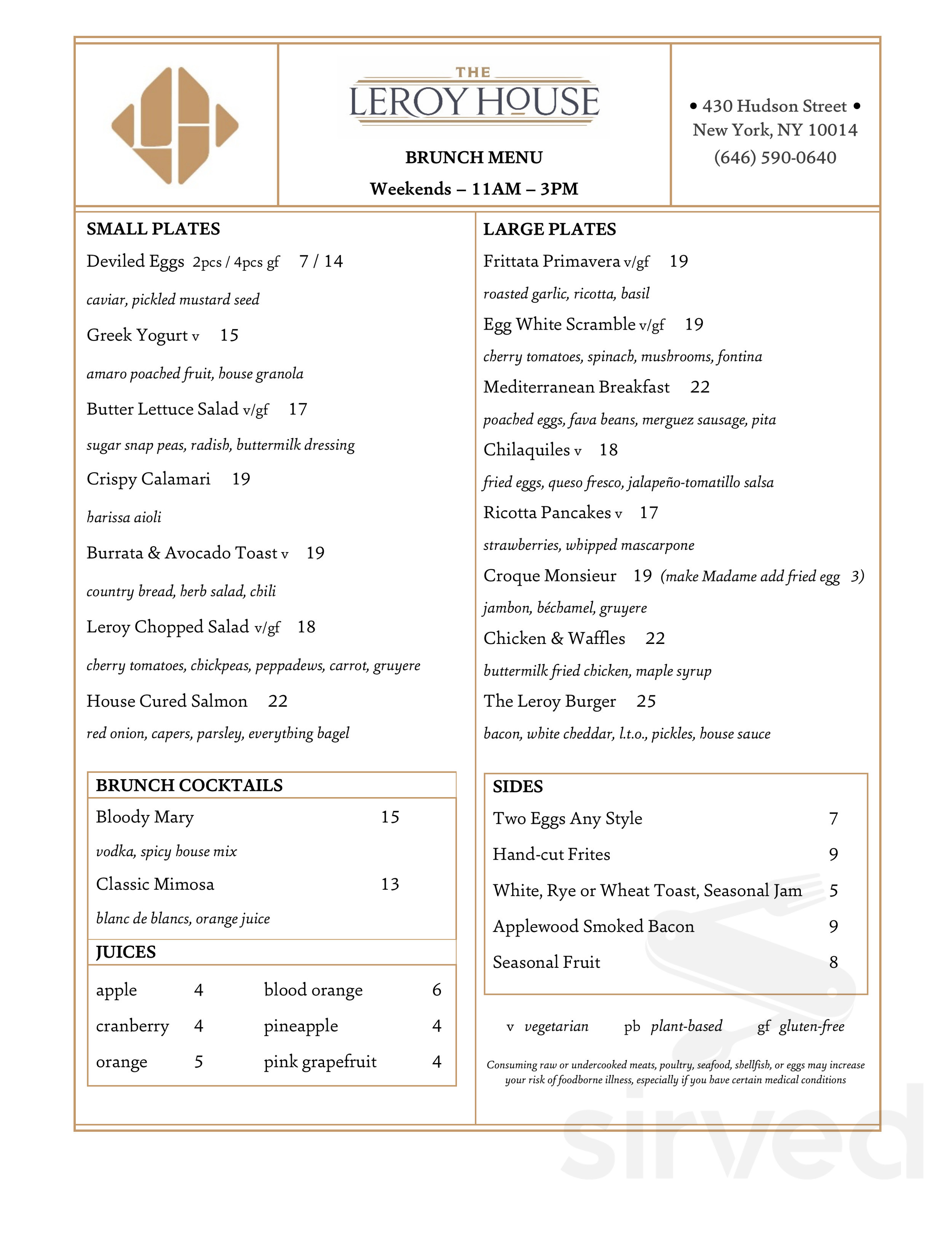 The Leroy House menu in New York, New York, USA