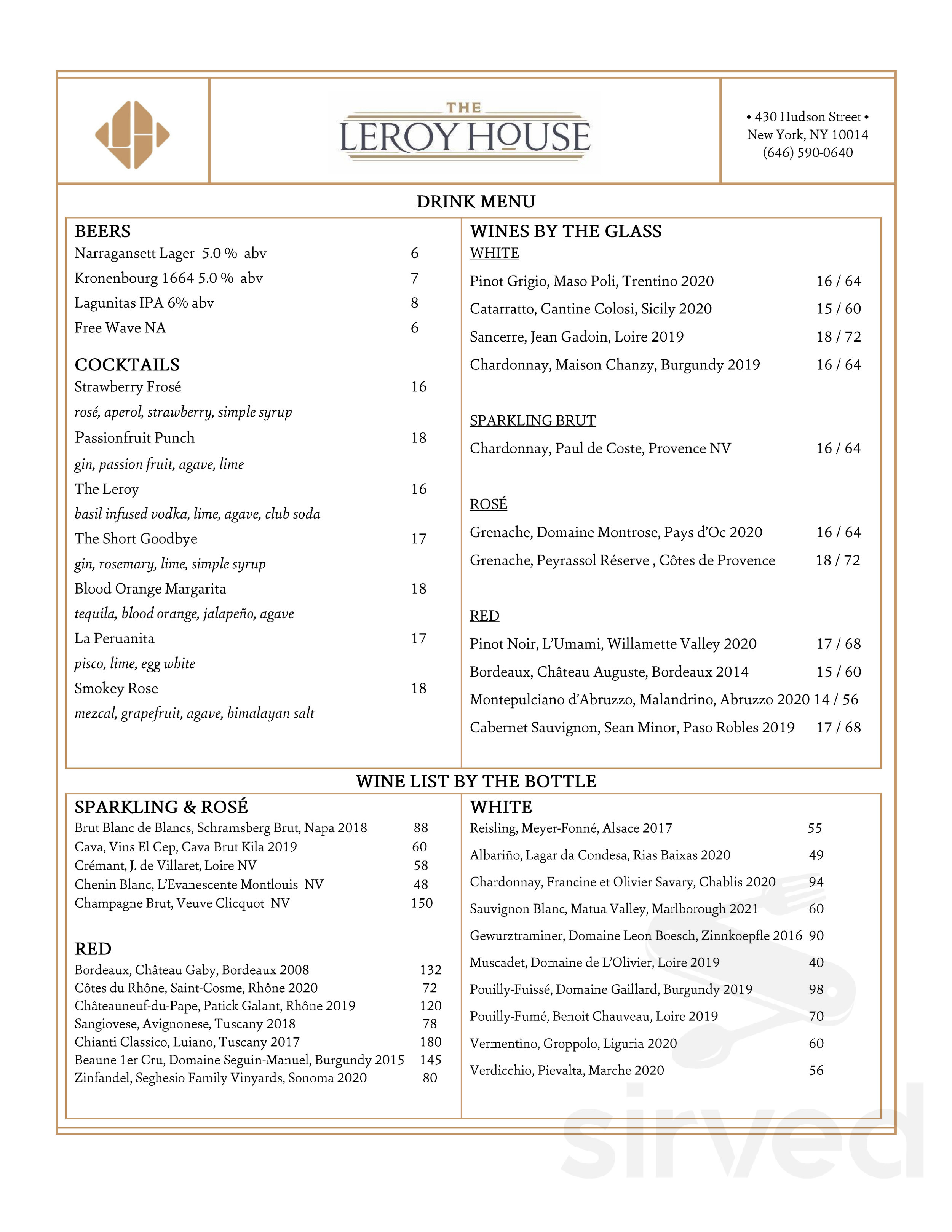 The Leroy House menu in New York, New York, USA