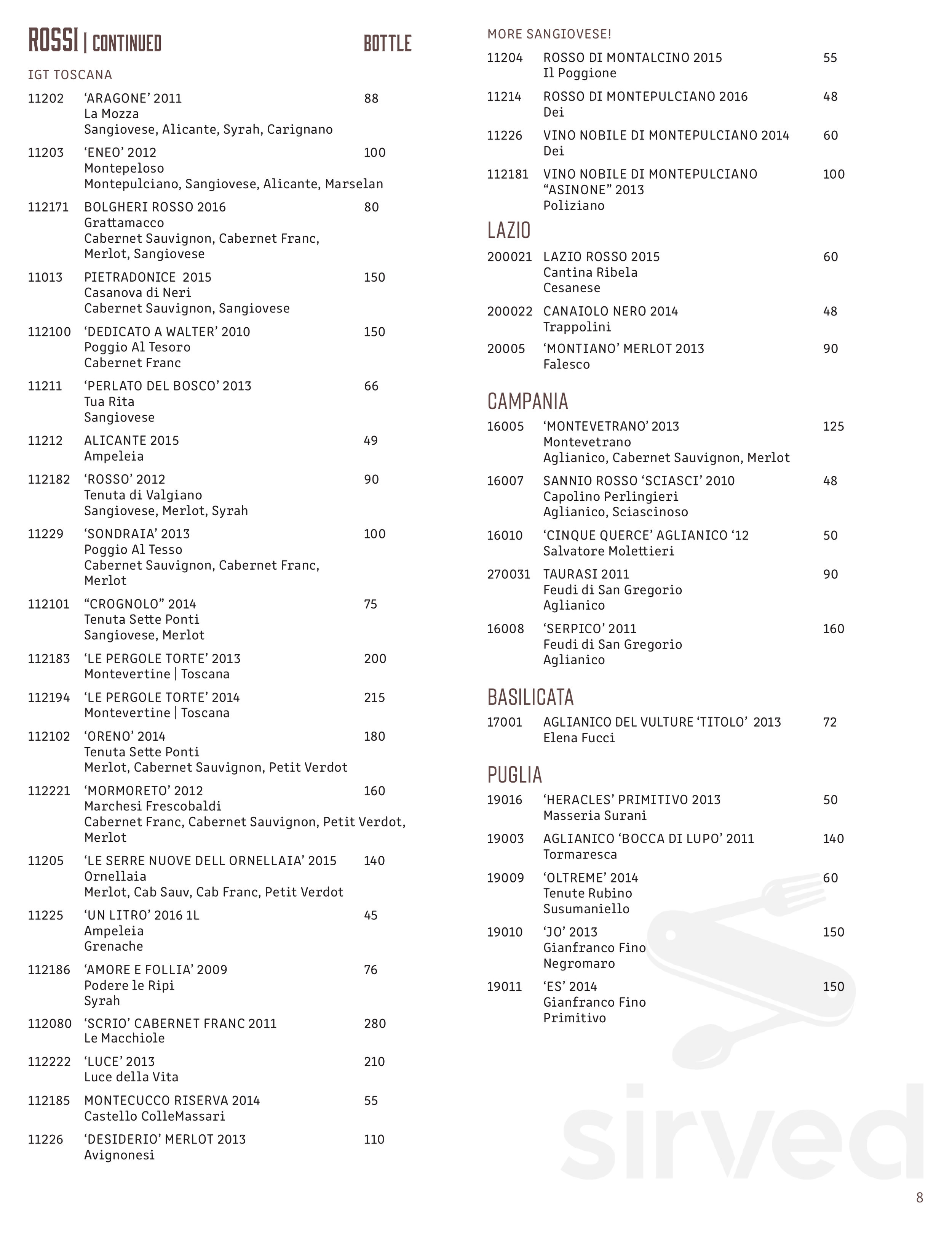 Terra at Eataly Boston menu in Boston, Massachusetts, USA