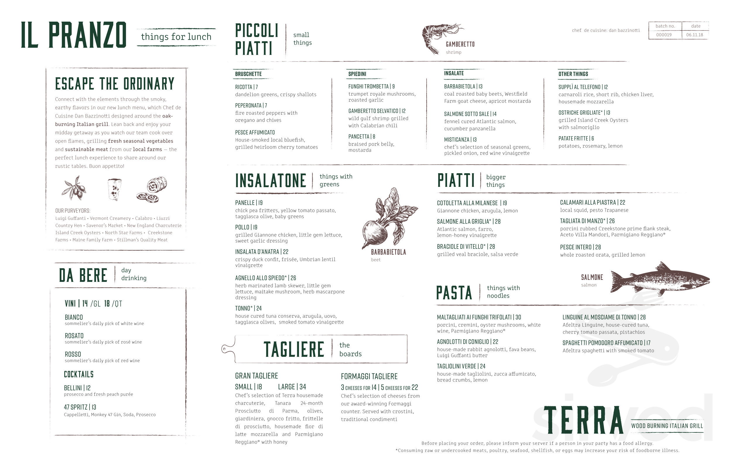 Terra at Eataly Boston menu in Boston, Massachusetts, USA