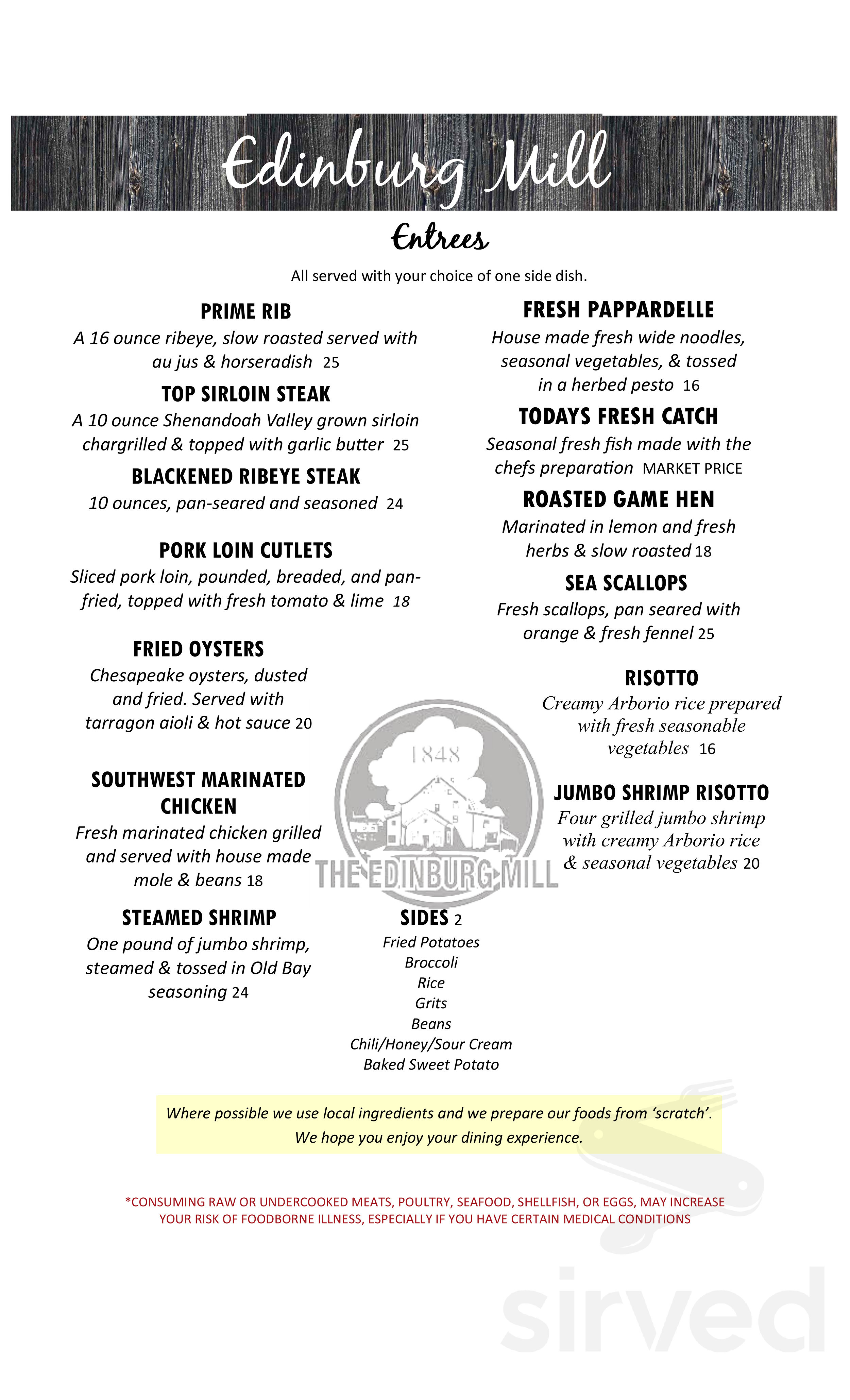 Menu - Edinburg VA's Edinburg Mill Restaurant | Sirved