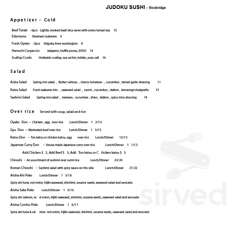 Judoku Sushi menus in Oakland, California, United States