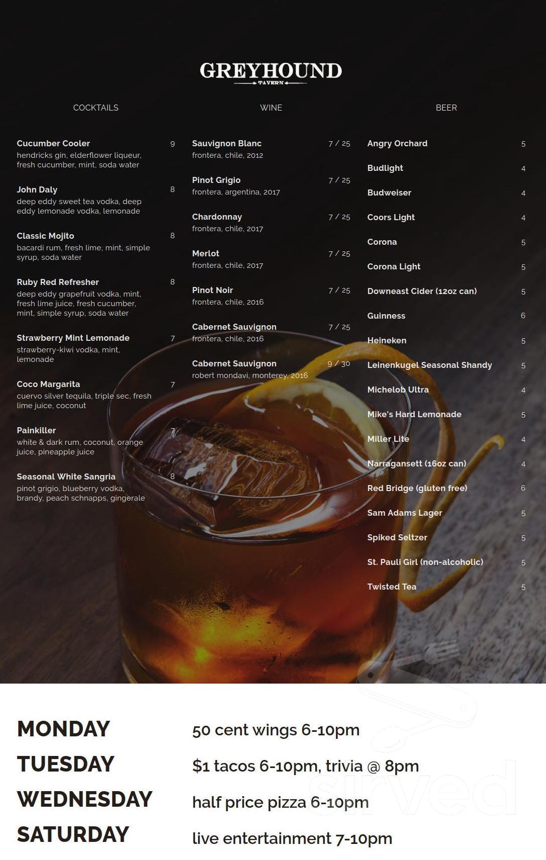 Greyhound Tavern menu in Bridgewater, Massachusetts, USA