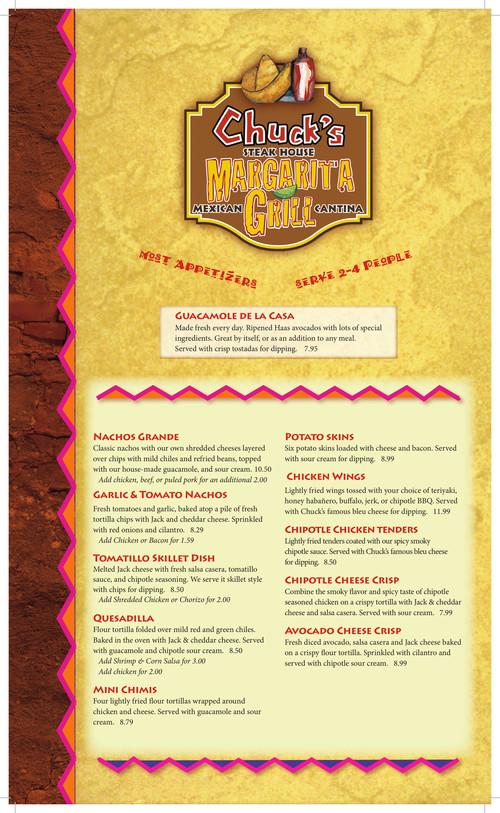 Chuck's Steak House and Margarita Grill menu in Storrs, Connecticut, USA