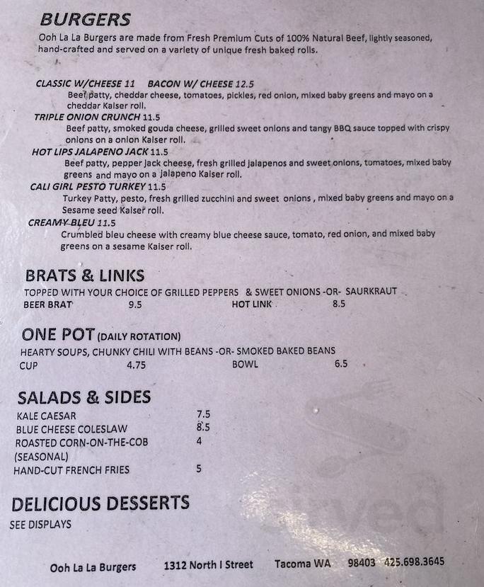 Ooh La La Burgers menu in Tacoma, Washington, USA