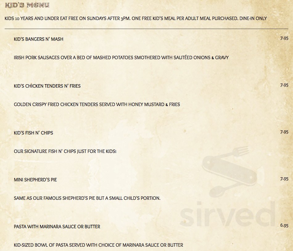 Tim Finnegans Irish Pub menu in Delray Beach, Florida, USA