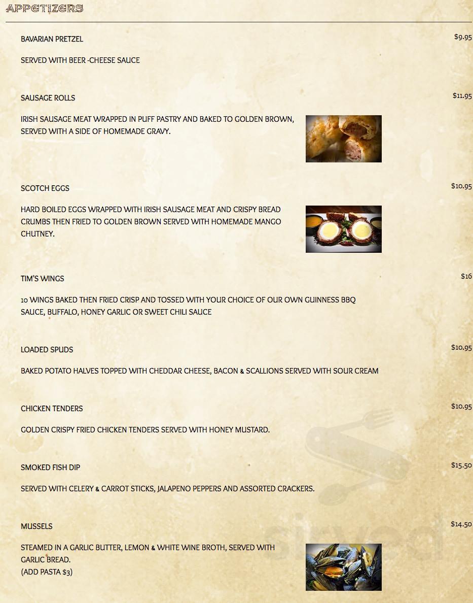 Menu for Tim Finnegans Irish Pub in Delray Beach, FL | Sirved