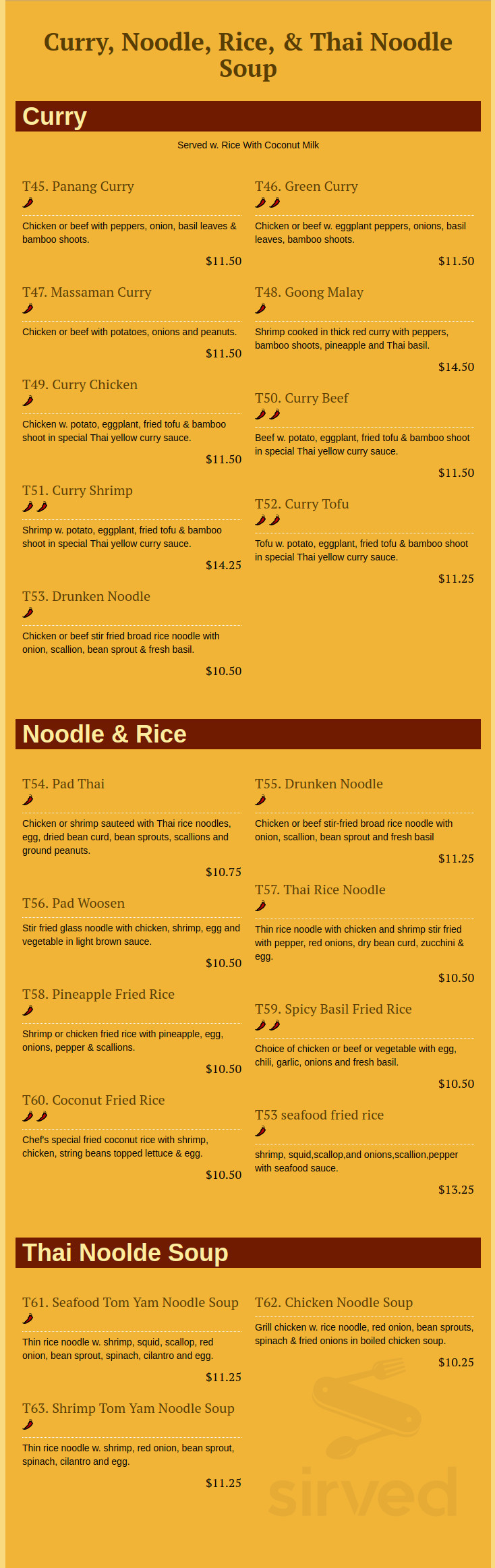 Thai Palace menu in Bloomfield, Connecticut, USA