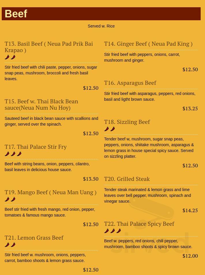 Thai Palace menu in Bloomfield, Connecticut, USA