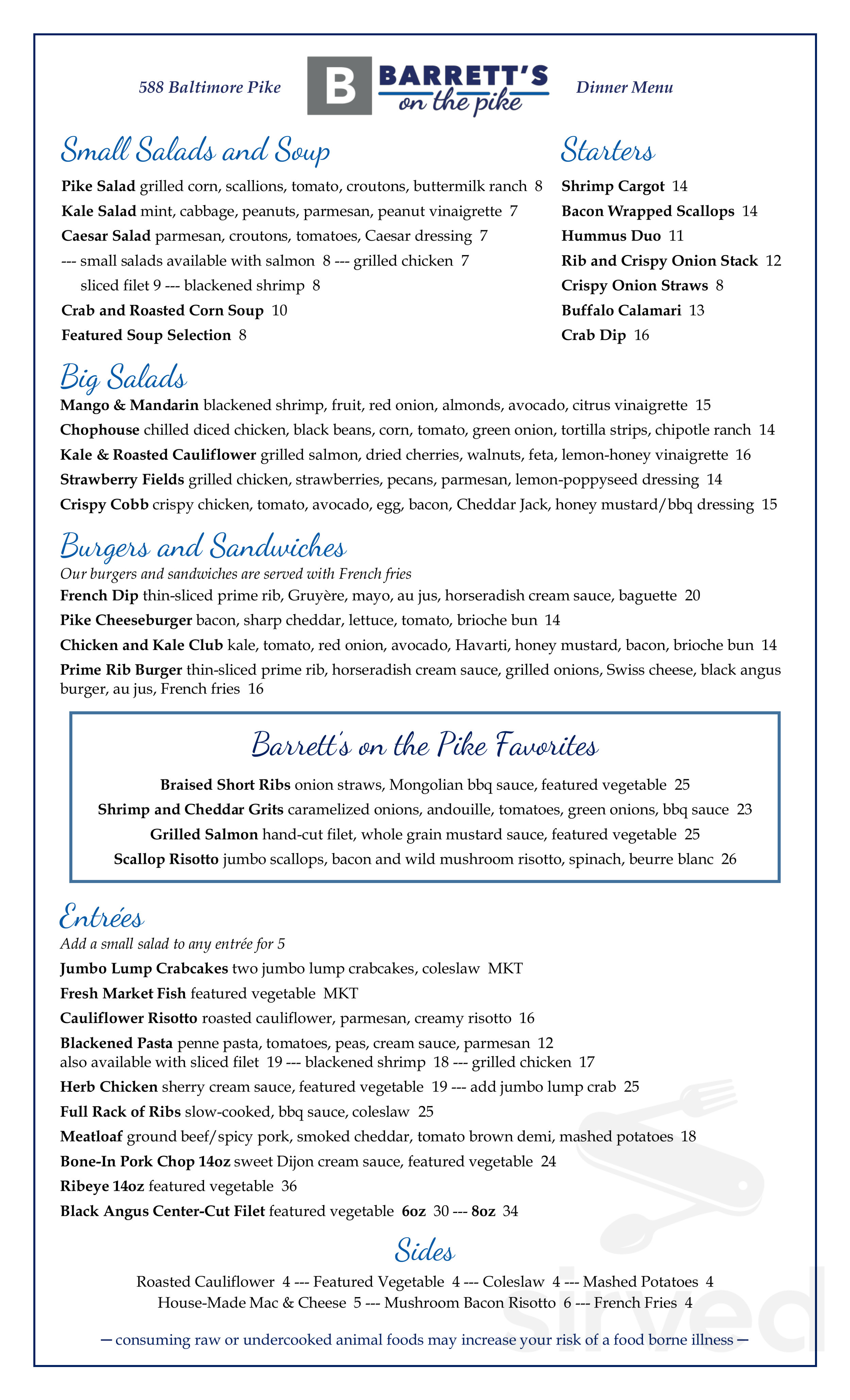 Barrett's On The Pike menu in Bel Air, Maryland, USA